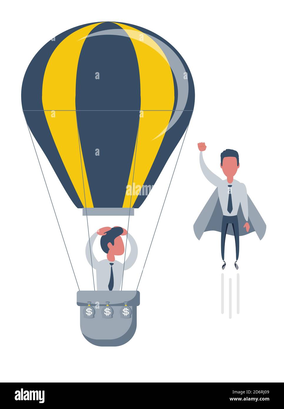 Businessman superhero fly pass Businessman in hot air balloon. Business ...