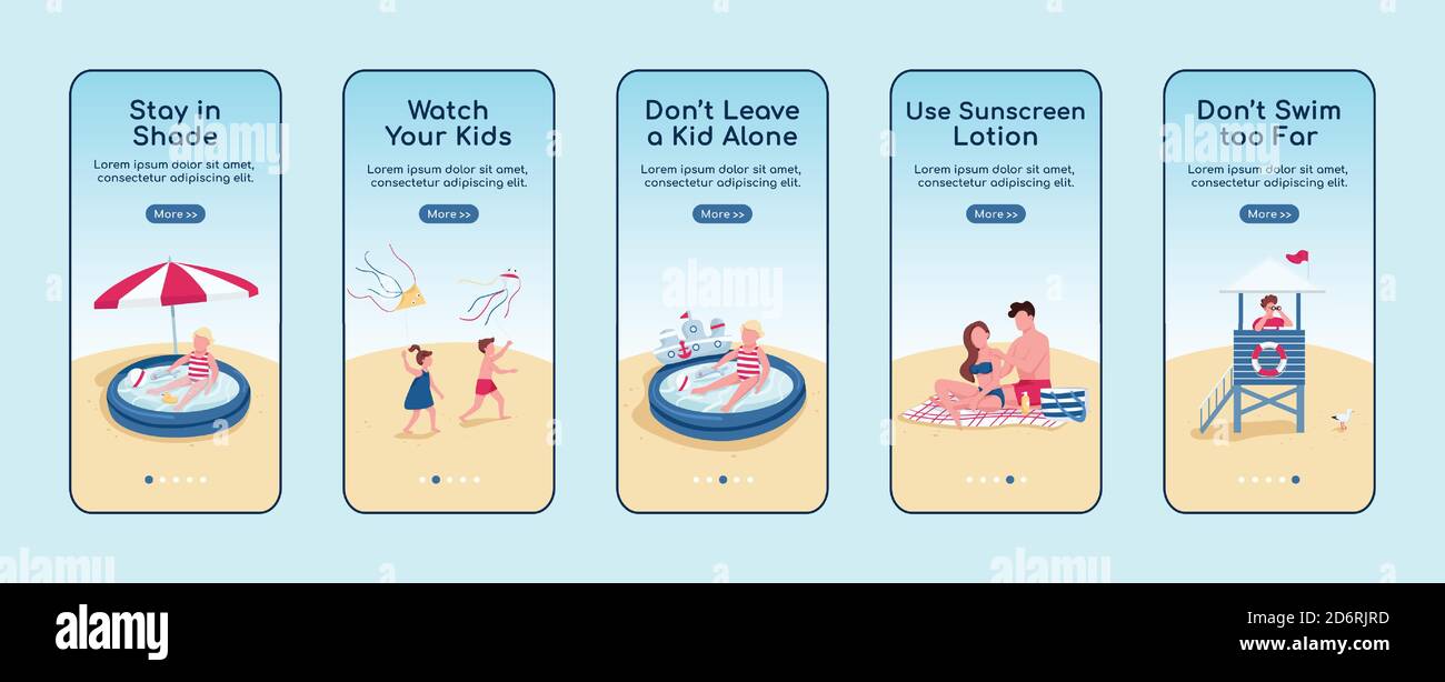 Beach safety rules onboarding mobile app screen flat vector template ...