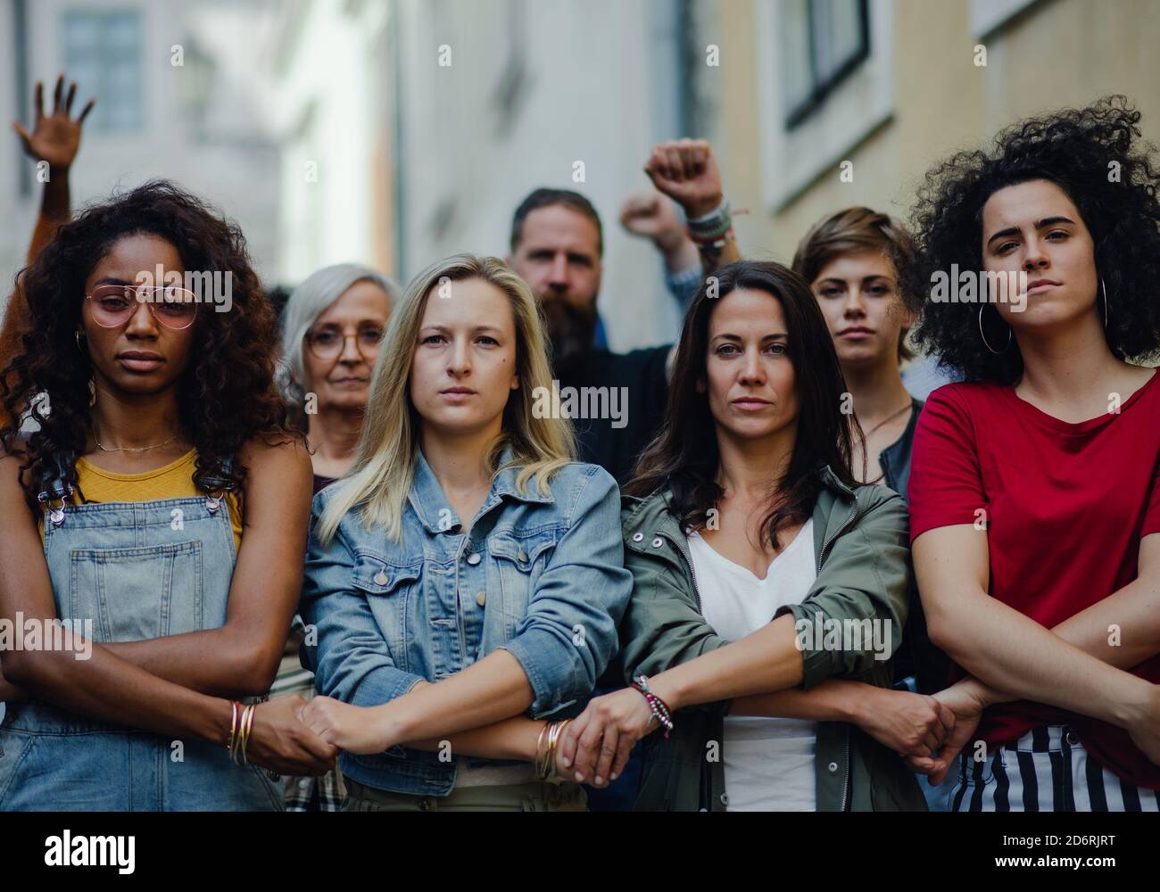 Group of people activists protesting on streets, women march and ...