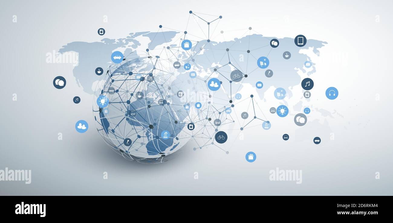 Internet of Things, Cloud Computing and Global Networks Concept Design with Earth Globe, Icons ...