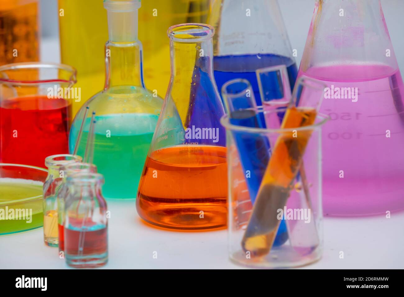 Laboratory equipment. Glass tubes, flask, erlenmeyer, beaker, petri ...