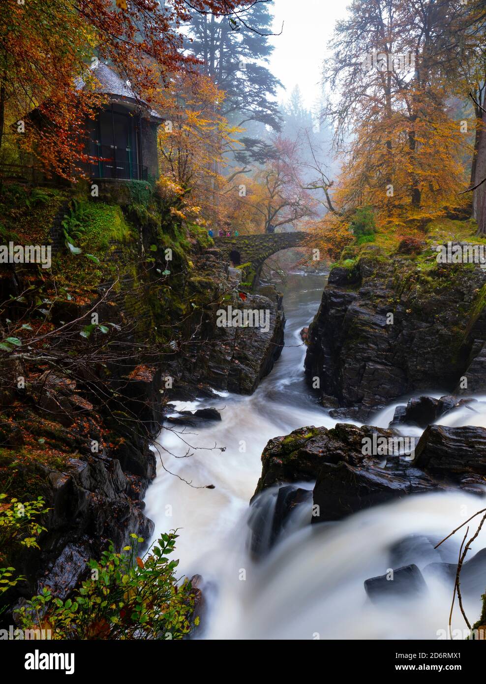 Autumn view of Ossian’s Hall overlooking cascade of Black Linn Falls on ...