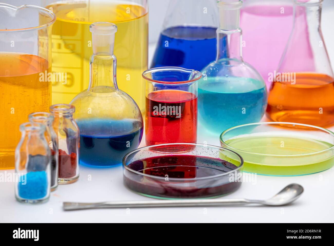 Laboratory equipment. Glass tubes, flask, erlenmeyer, beaker, petri ...