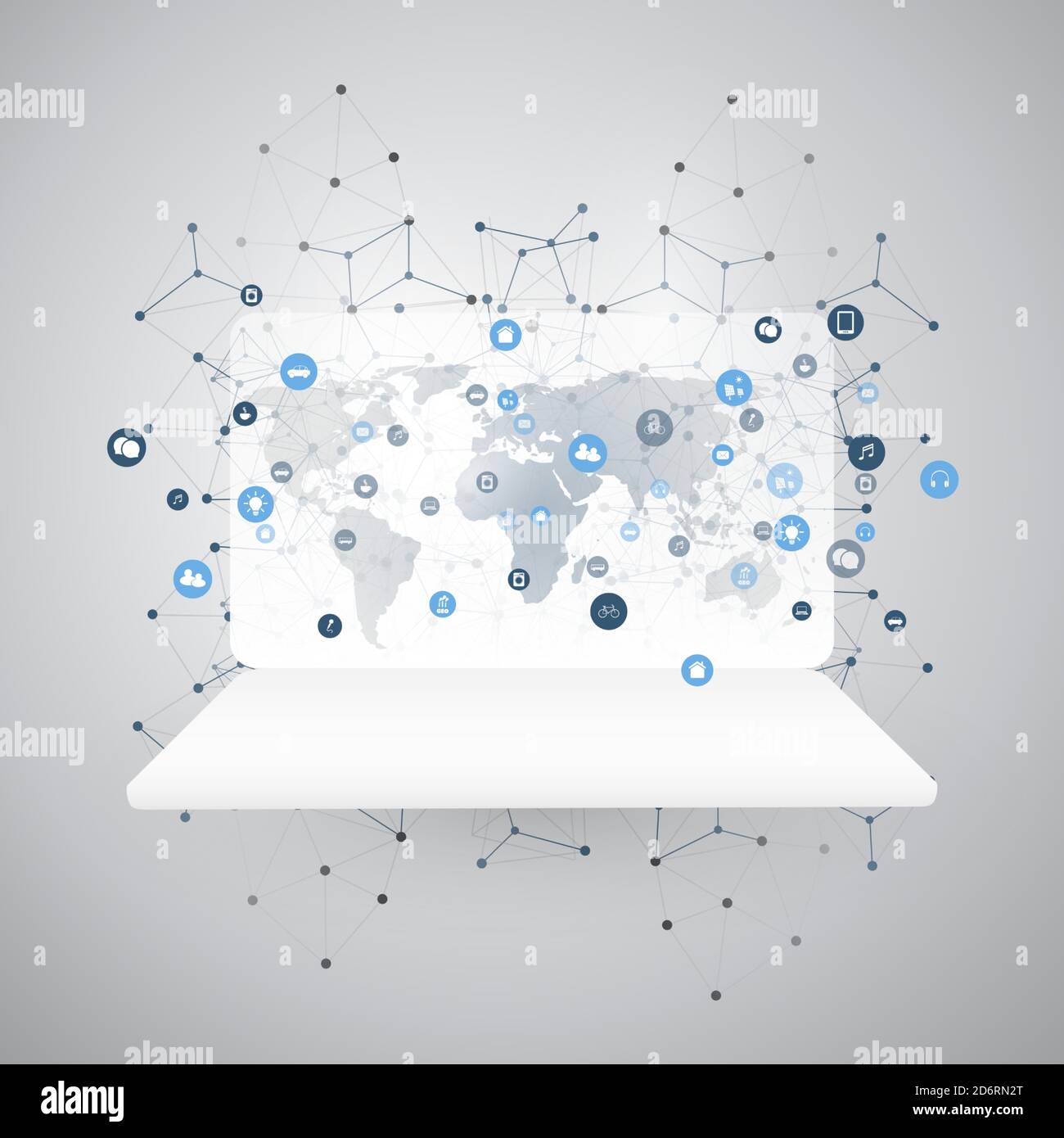 Internet of Things, Cloud Computing Design Concept with World Map, Wireframe, Laptop Computer ...