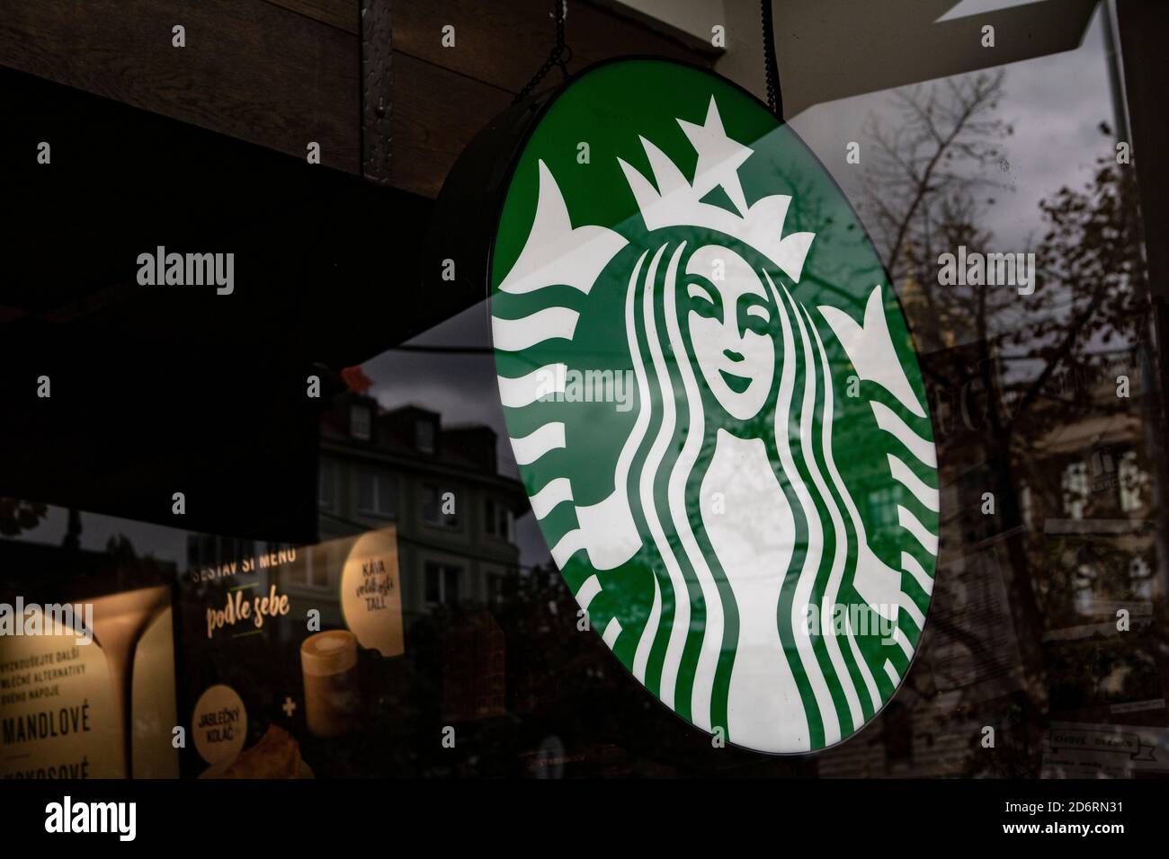 Starbucks coffee logo in Prague store, in Prague, Czech Republic, July ...