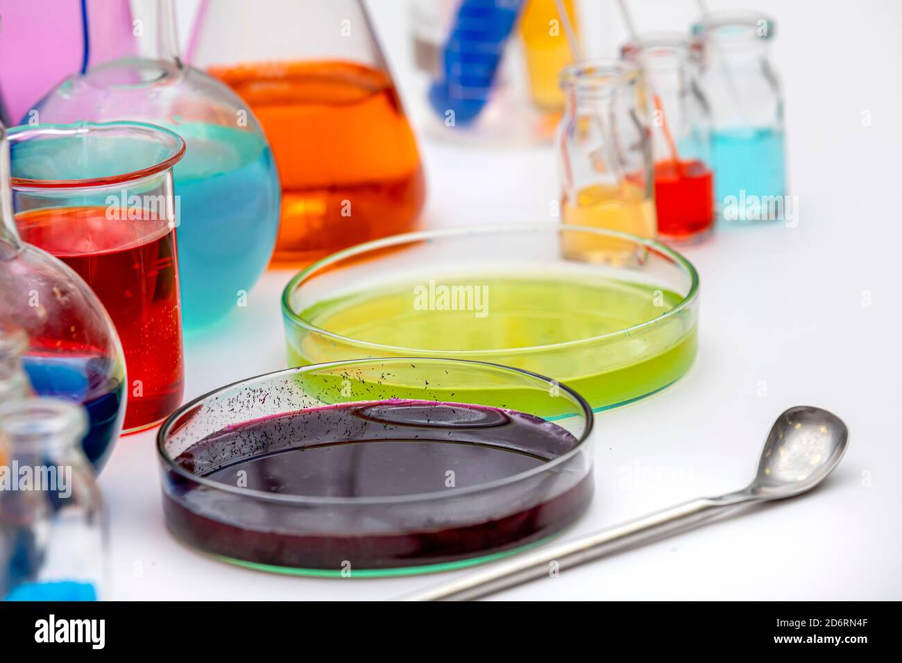 Laboratory equipment. Glass tubes, flask, erlenmeyer, beaker, petri ...