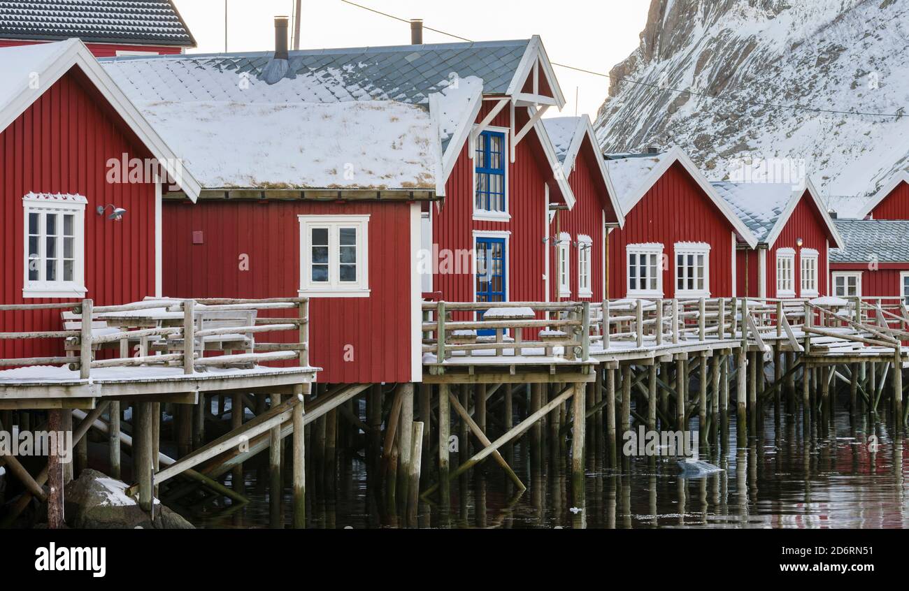 Rorbu, traditial fishing huts, now used as hotel, in the village Reine ...