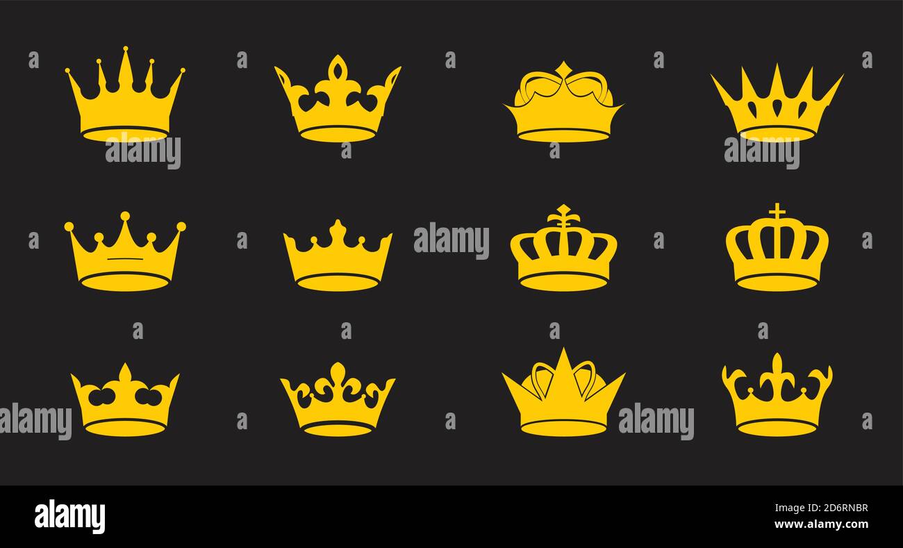 A set of yellow crown on black background. Vectro Illustration Stock ...