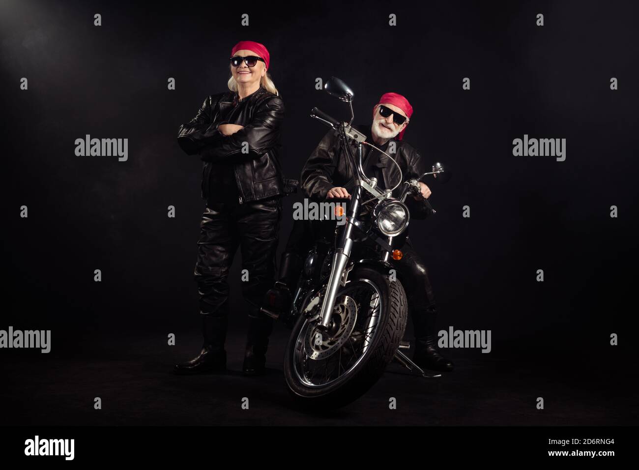 Full body photo of old bikers man lady couple drive chopper travel feel ...