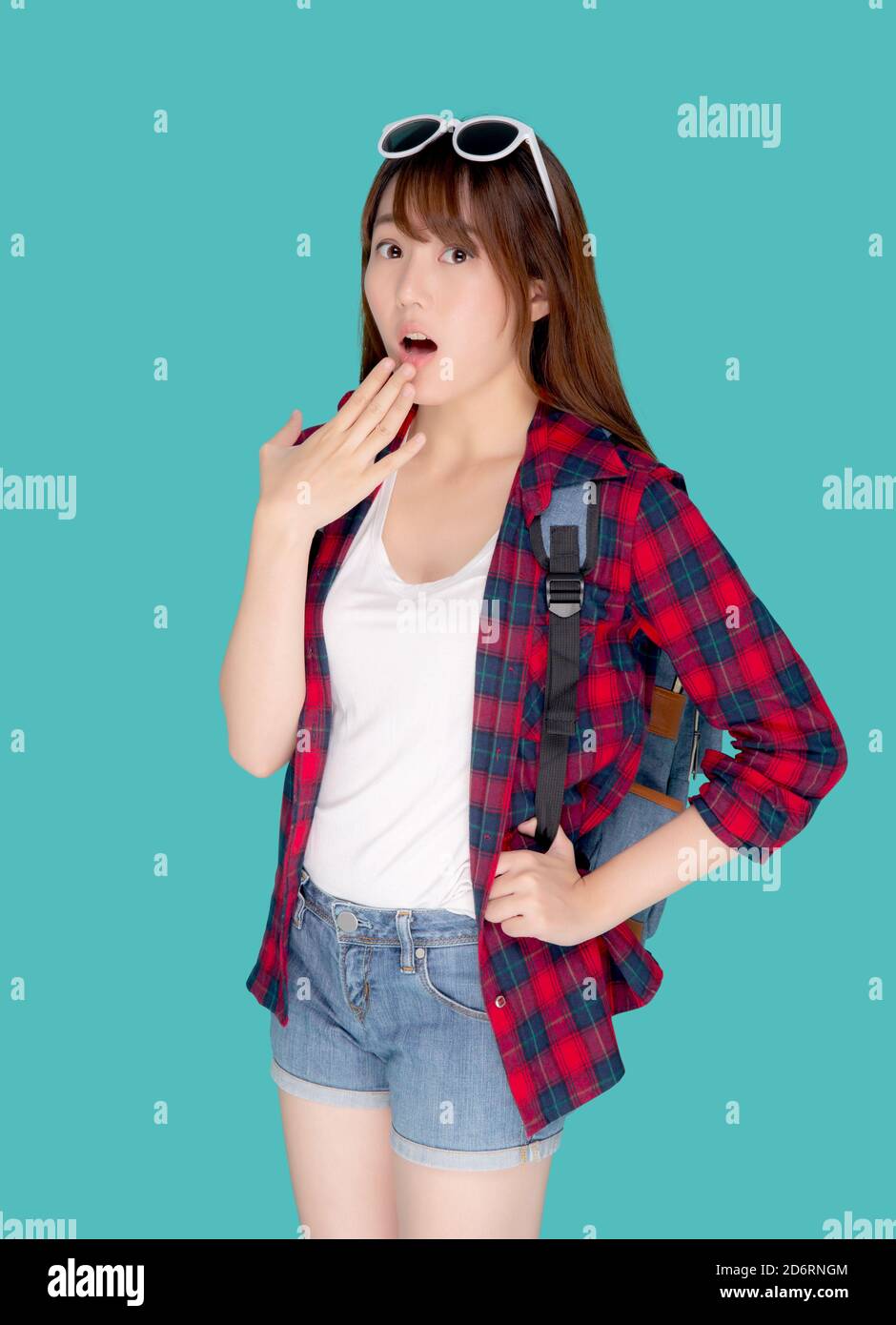 Beautiful portrait young asian woman surprise wearing travel summer ...