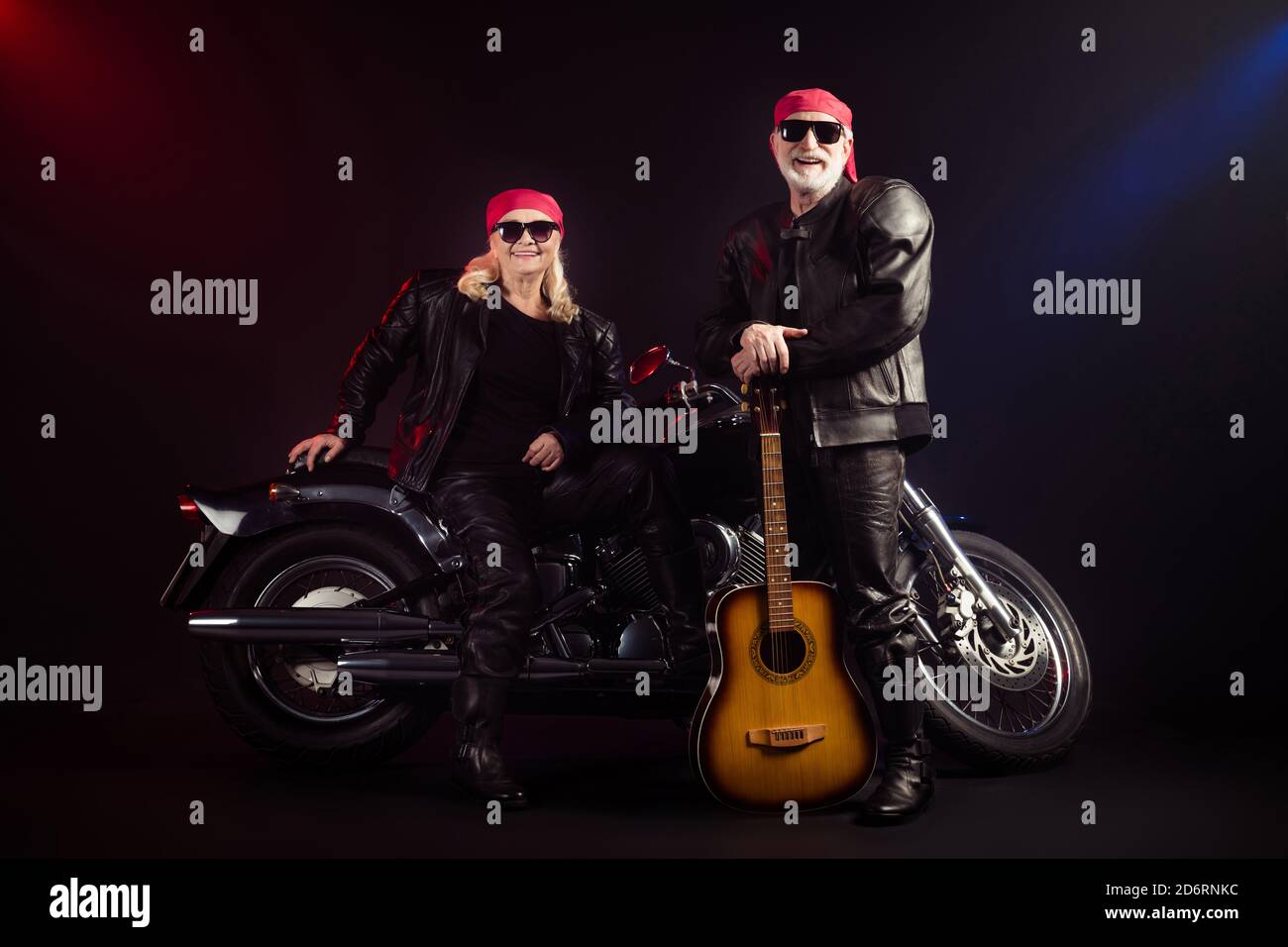Full body photo of aged cool bikers man lady couple chopper moto rock ...