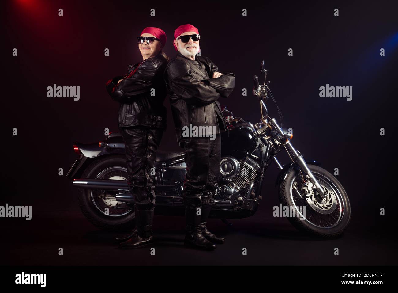 Full length photo of aged bikers man lady couple drive chopper travel ...
