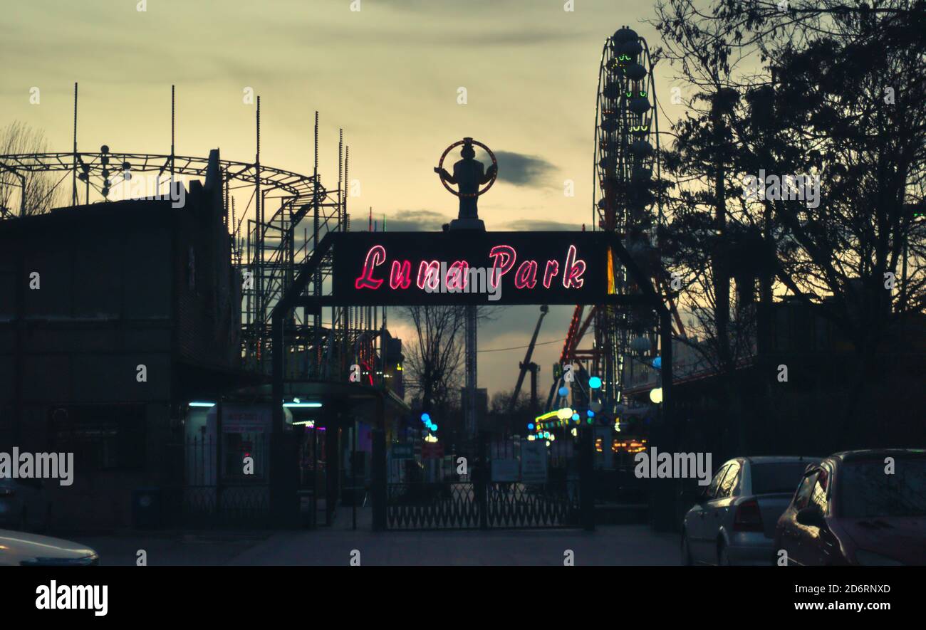 Led lighted signboard of a luna park with ferris wheel and other ...