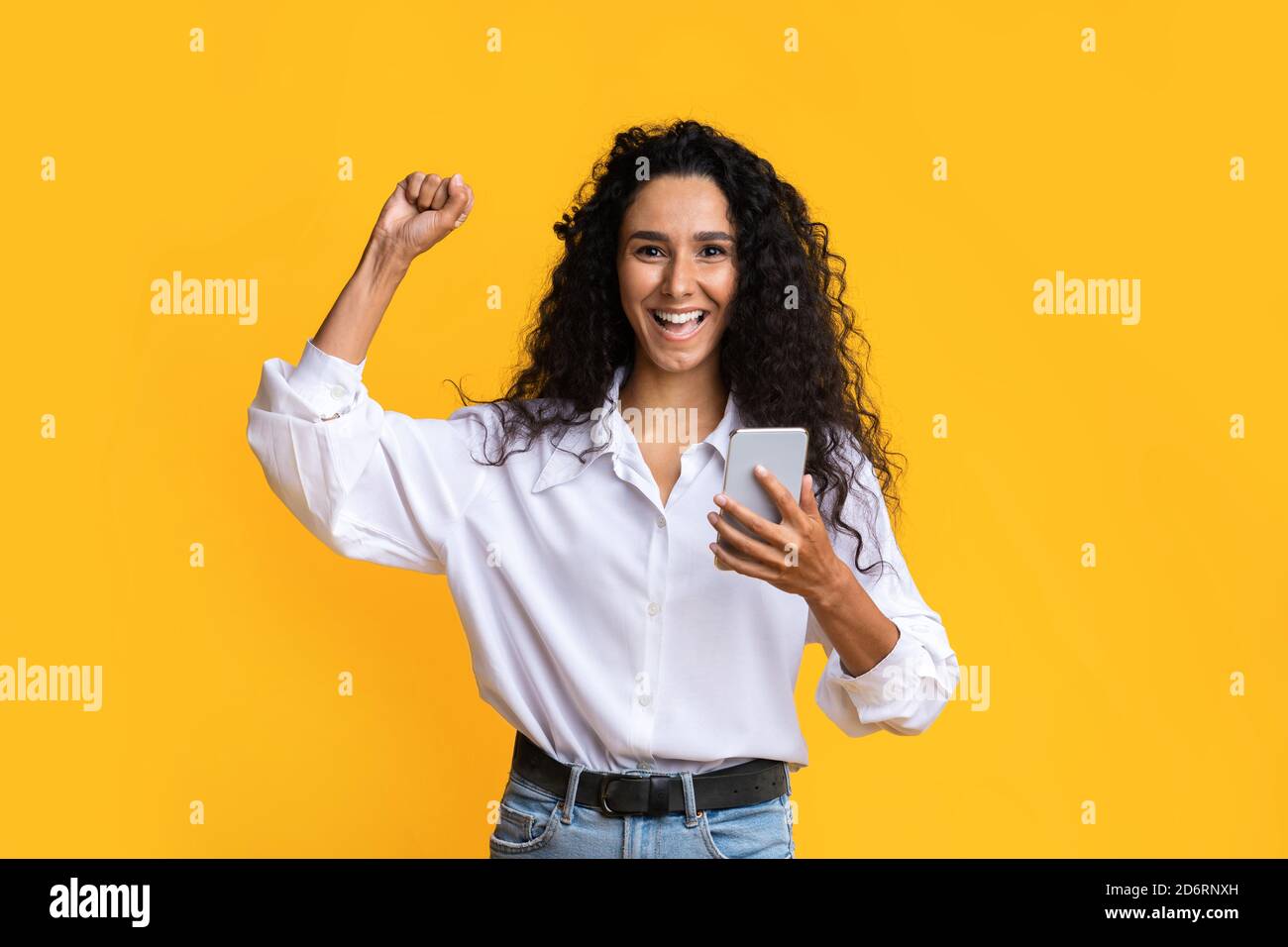 Cheerful Lady Celebrating Success With Smartphone In Hands, Lucky ...
