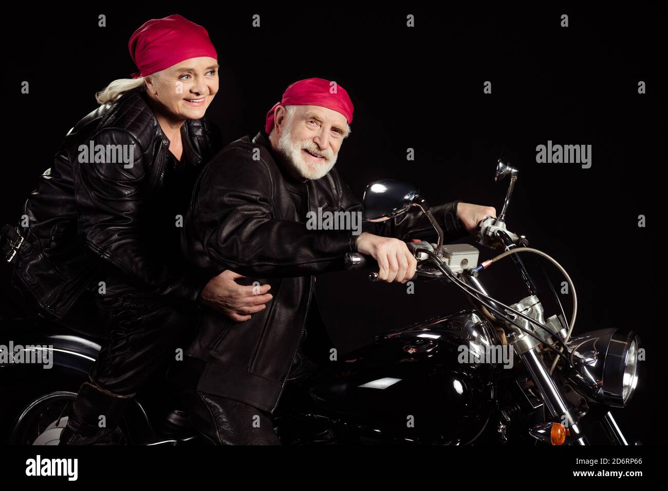 Profile photo of aged bikers grey hair man lady married couple drive ...
