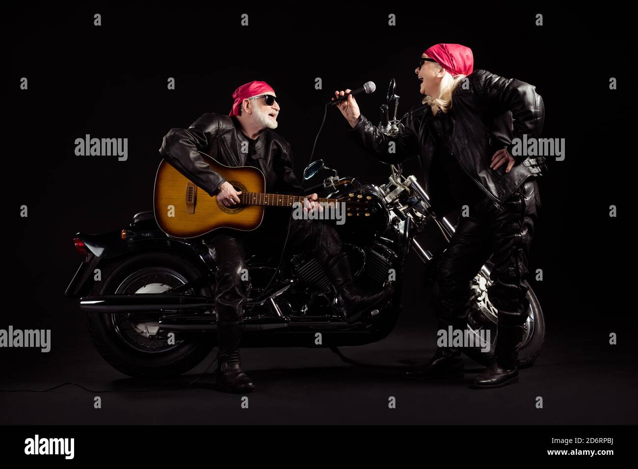 Full body photo of aged bikers man lady duet couple chopper moto rock ...
