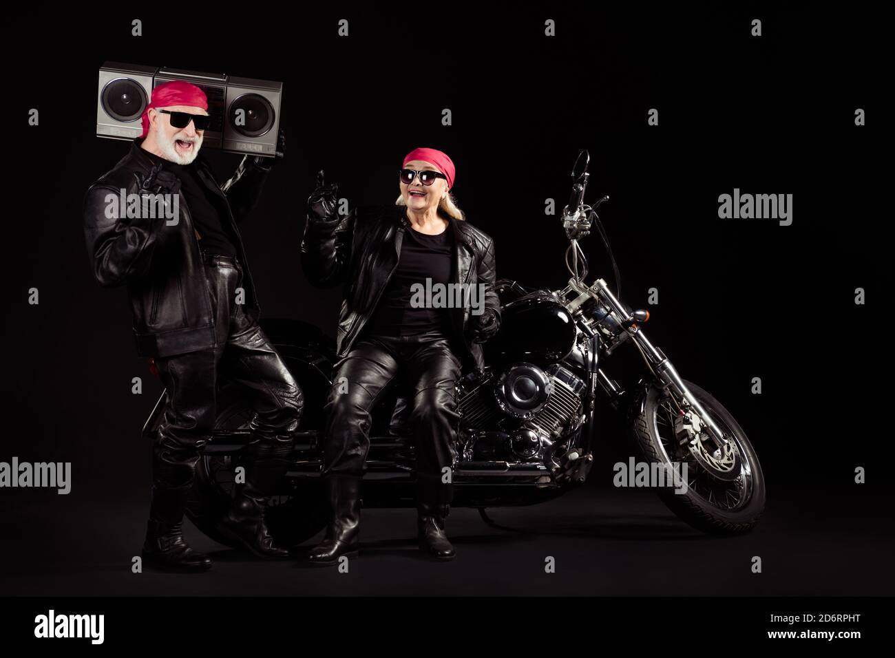 Photo of old bikers grey hair man lady couple moto chopper rock ...