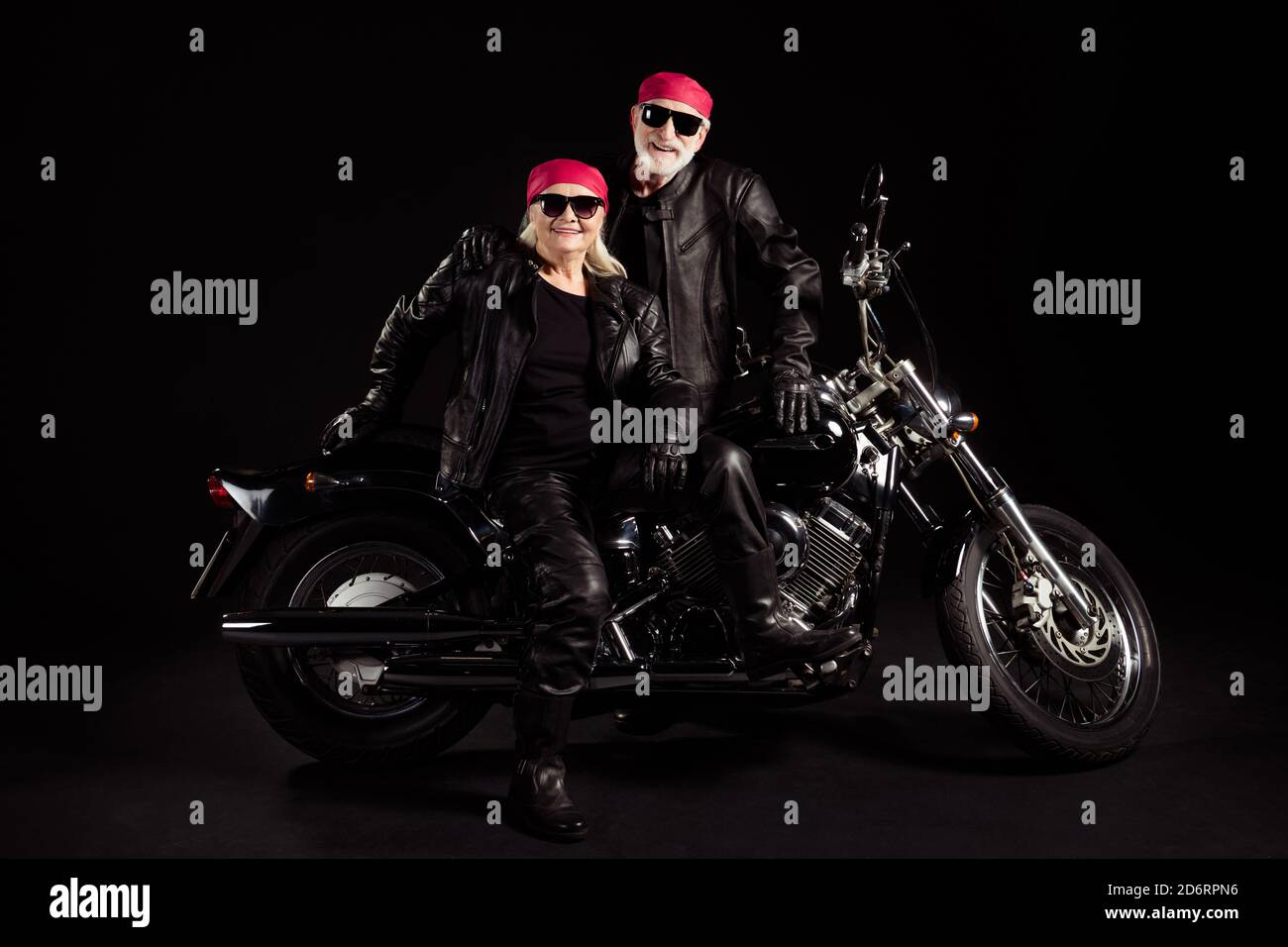 Photo of aged bikers grey haired man lady soulmates couple sitting on ...