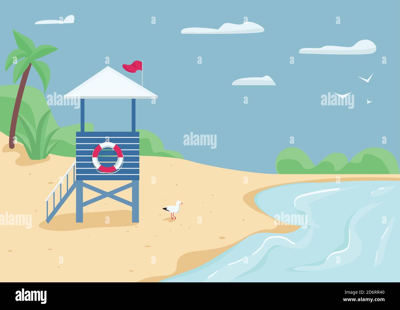 Lifeguard tower on sand beach flat color vector illustration Stock ...