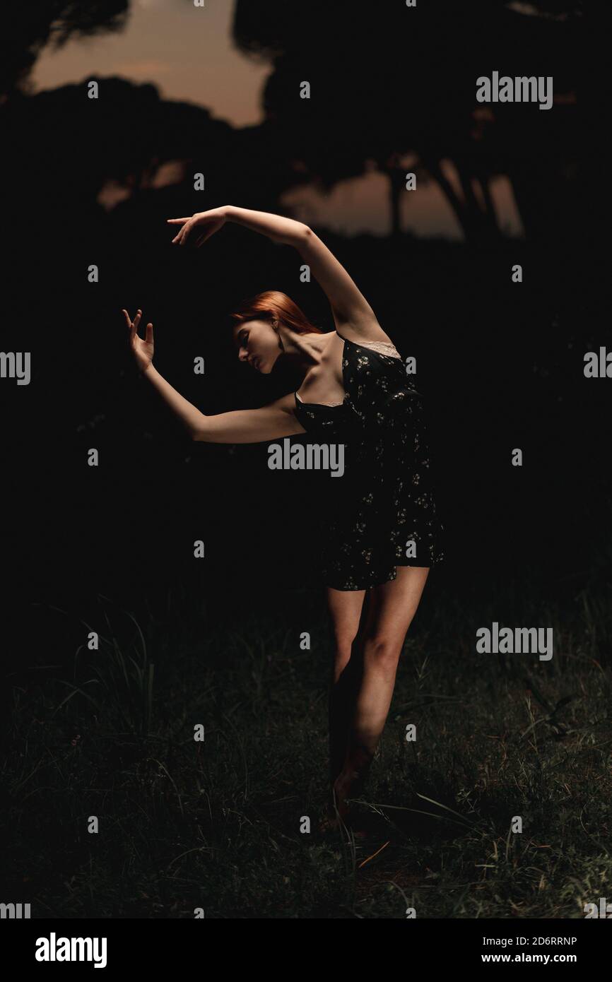Elegant female ballet dancer in dress standing in meadow with raised ...