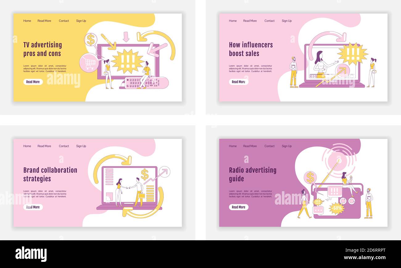 Digital advertising landing page flat silhouette vector template set ...