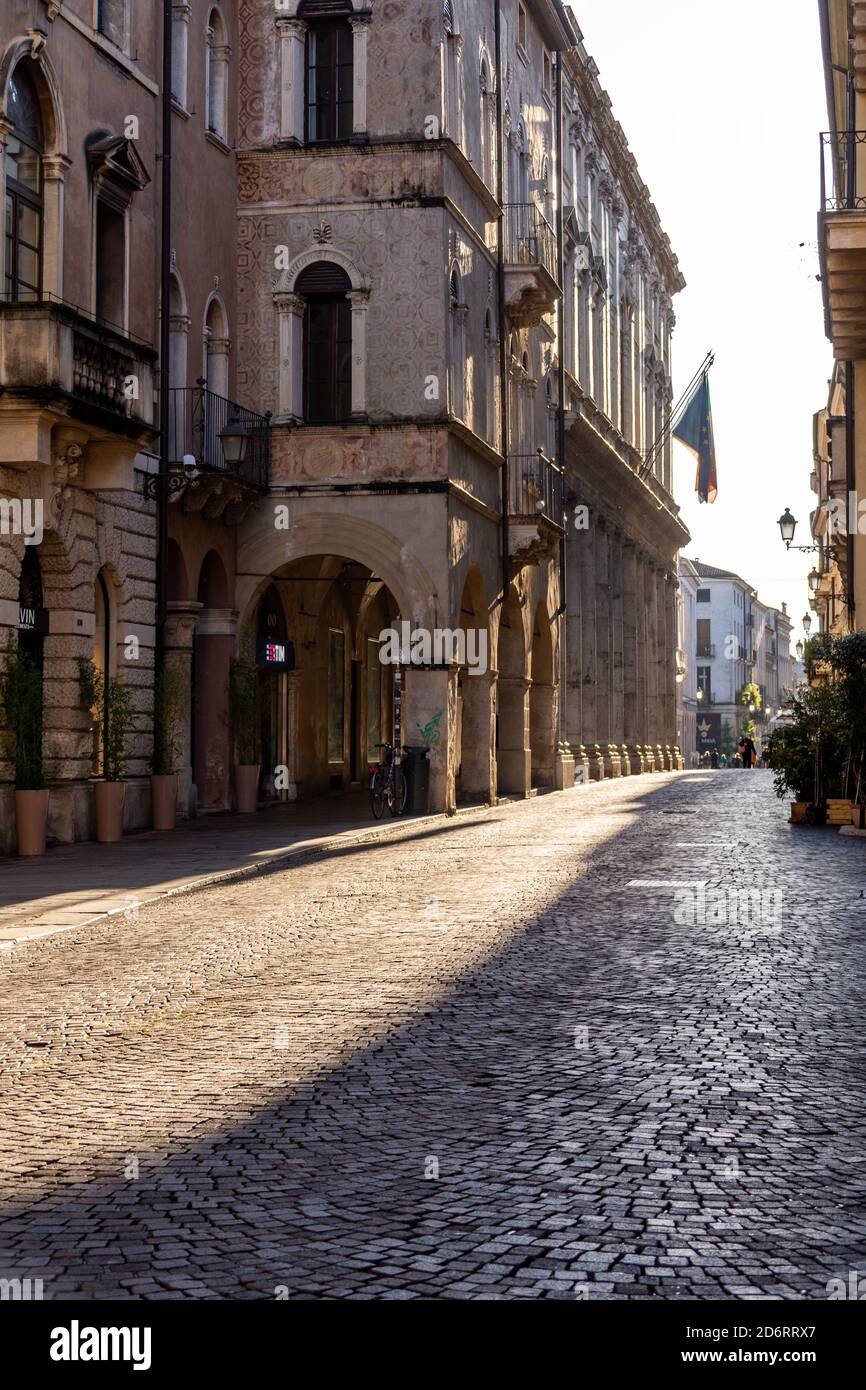 empty street in the historic City Center of Vicenza, Italy at Sunset ...