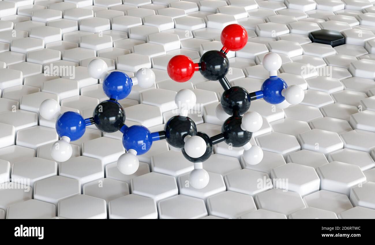 Arginine (L-arginine, Arg, R) amino acid molecule. 3D rendering. Atoms ...