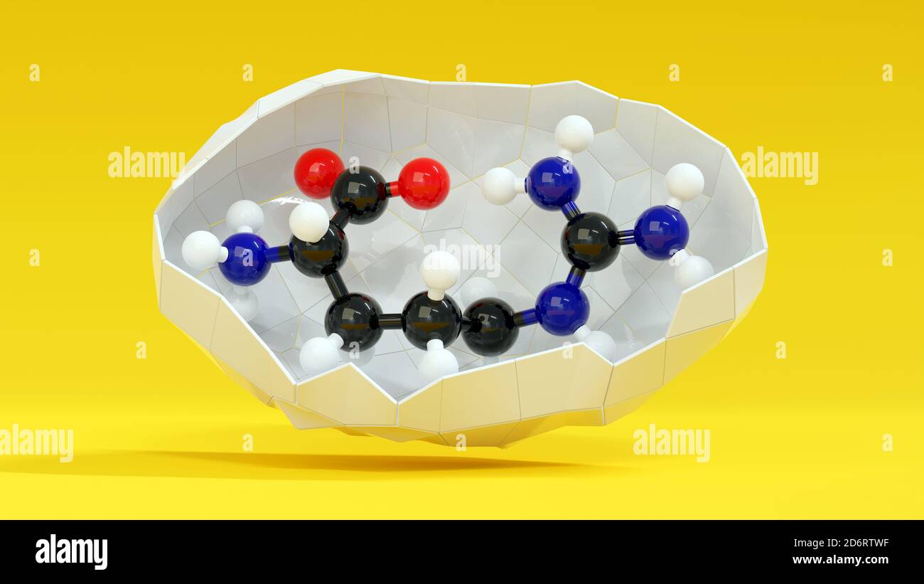 Arginine (L-arginine, Arg, R) amino acid molecule. 3D rendering. Atoms ...