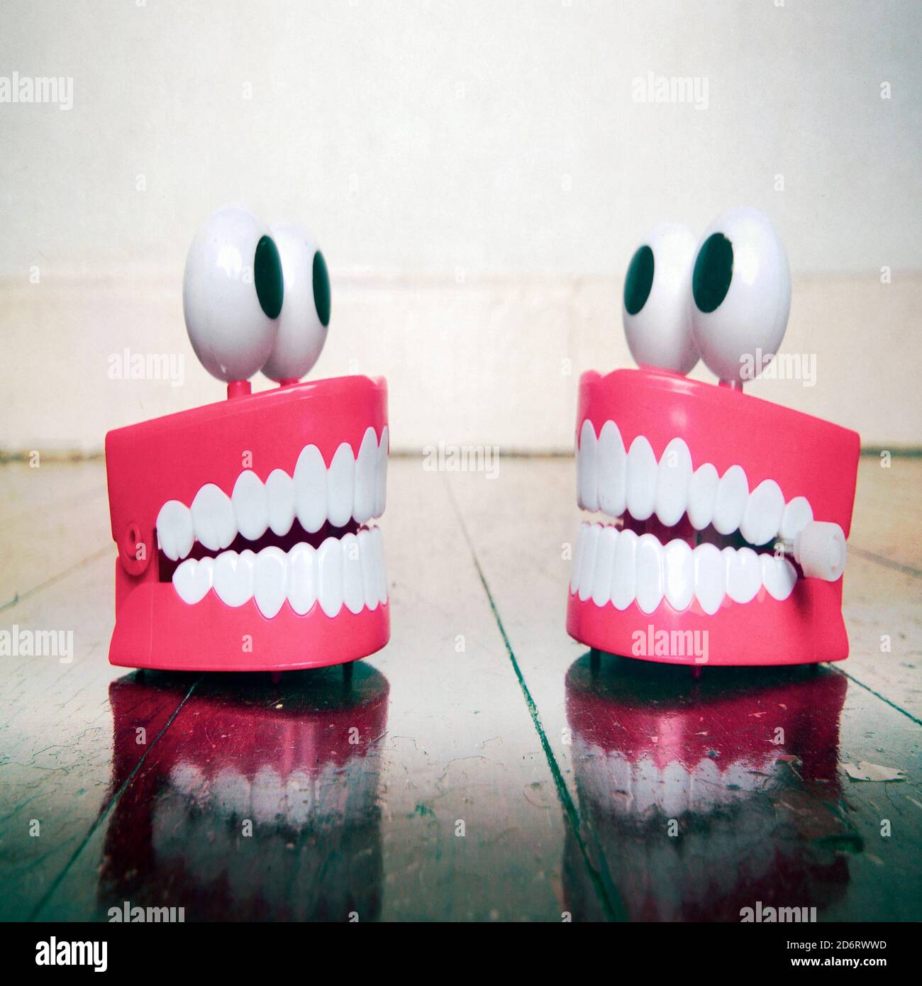 two plastic teeth toys chatting on an old wooden floor with reflection ...