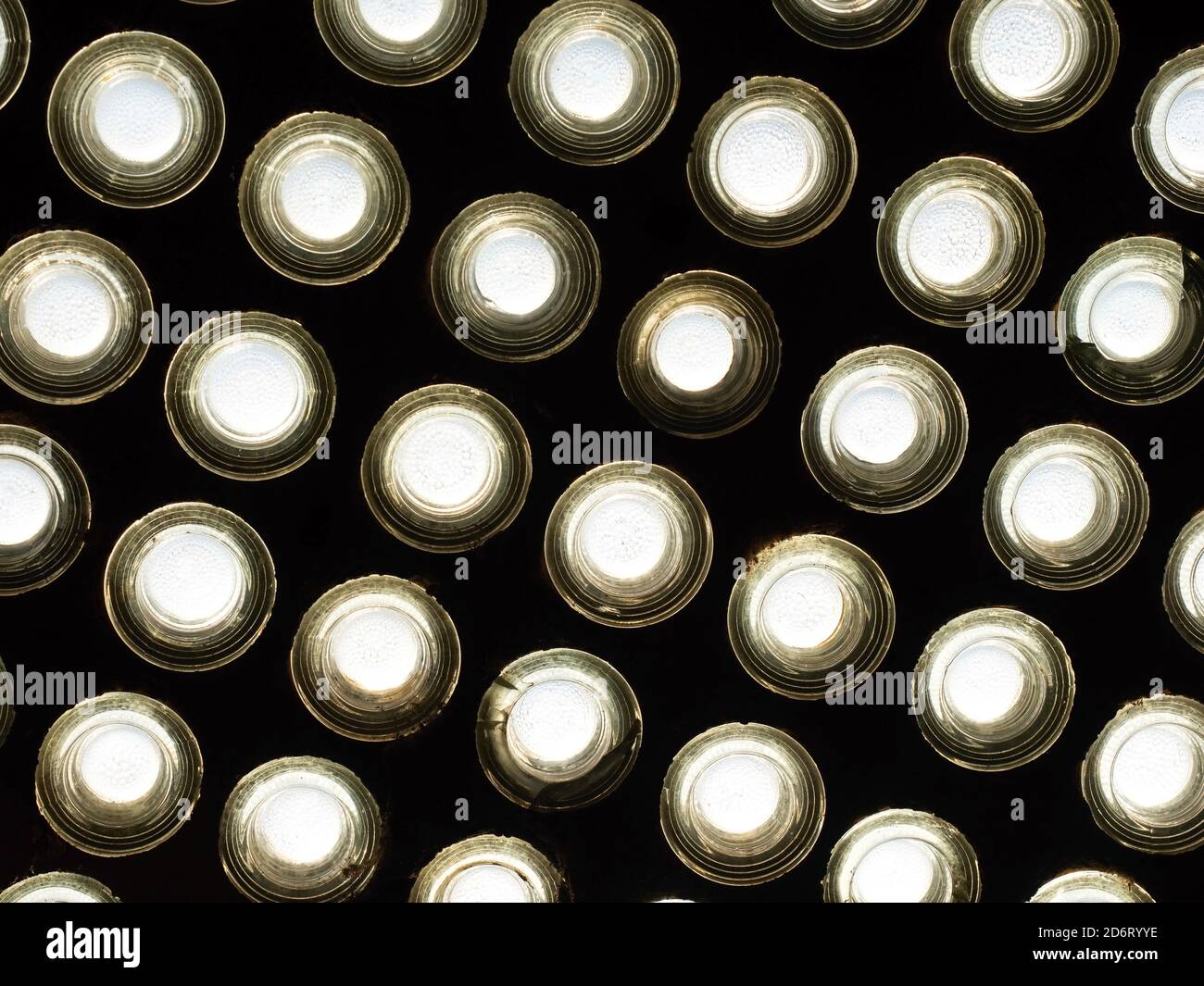 Modern ceiling build from glass bricks in circle shape. Round ...