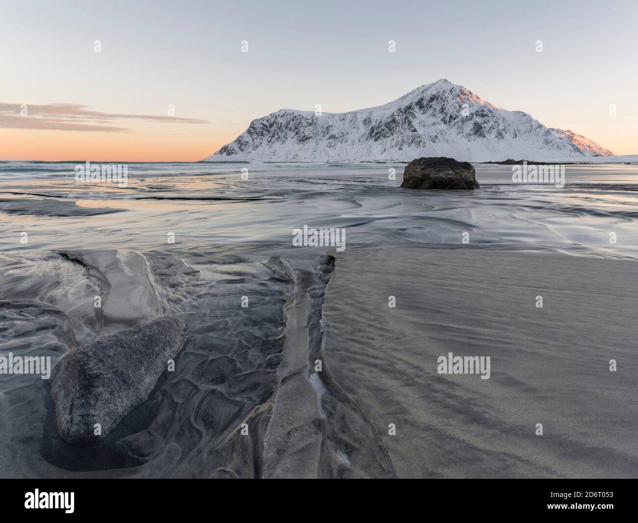 Sunrise over Flakstad and Skagsanden beach. The coast near Flakstad ...