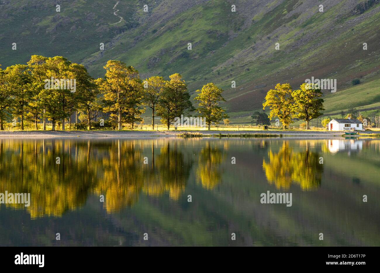 Summer early morning reflections on Buttermere in the Lake District ...