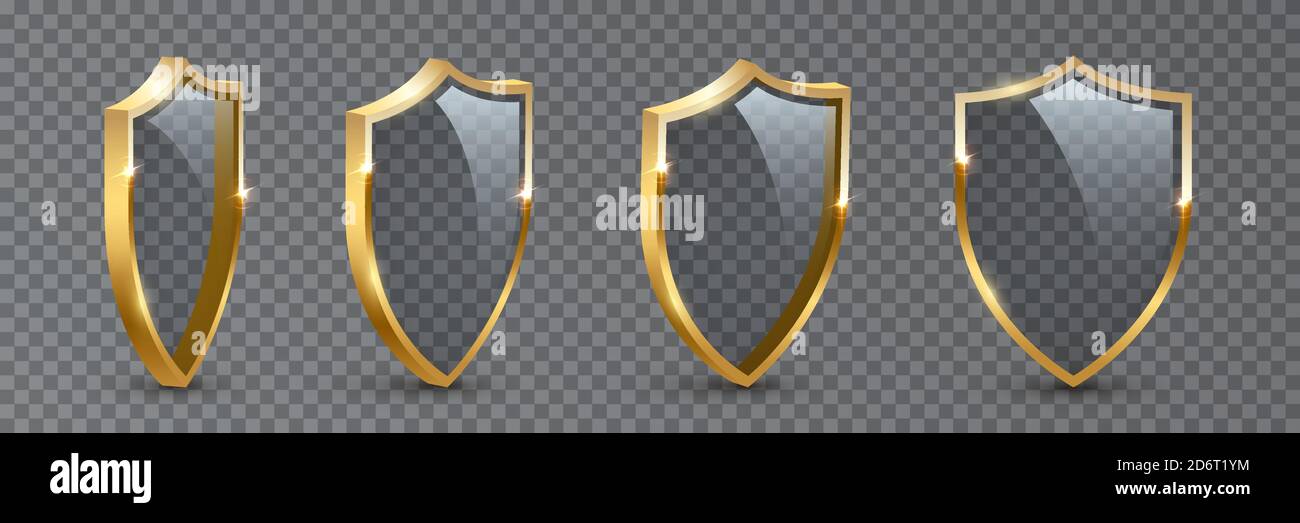 Shields with reflection in shiny gold frames front, side view set Stock ...