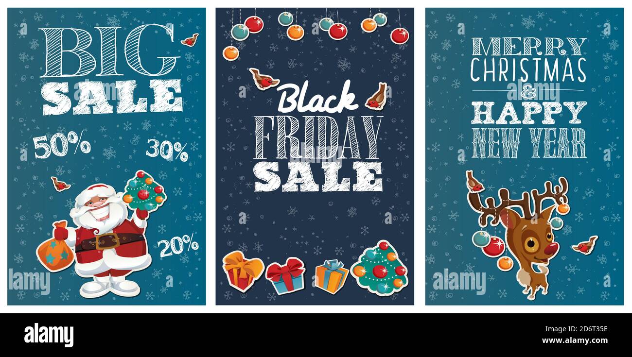 Holiday Big sale posters with cute cartoon characters and lettering ...