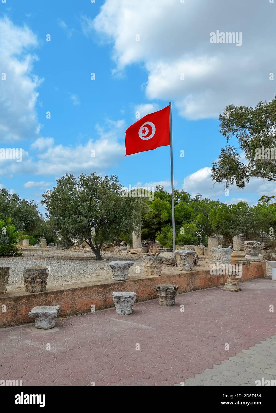 The flag of Tunisia against the blue sky on the ruins of ancient ...