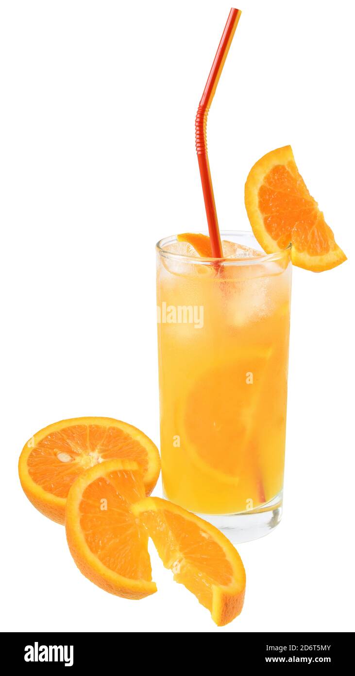 Cocktail with orange juice and ice cube in highball glass isolated on white background Stock ...