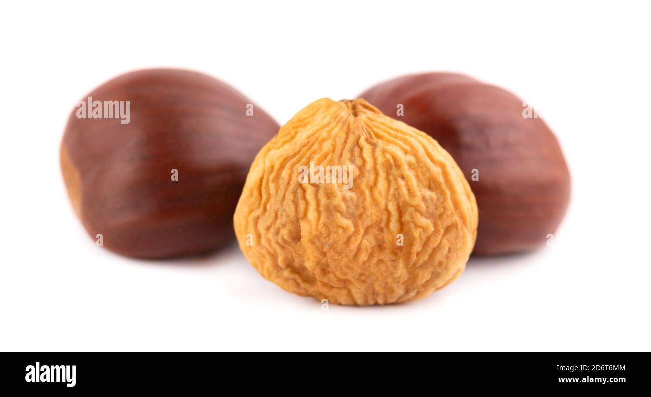 Fresh chestnuts with peeled roasted chestnut isolated on white ...