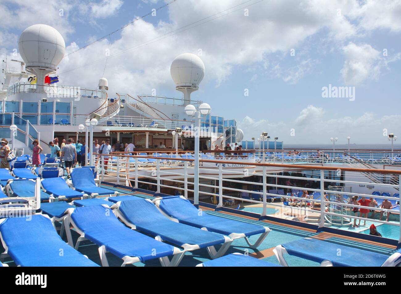 WILLEMSTAD, CURACAO - FEBRUARY 11, 2014 : View on top deck with sunbeds ...