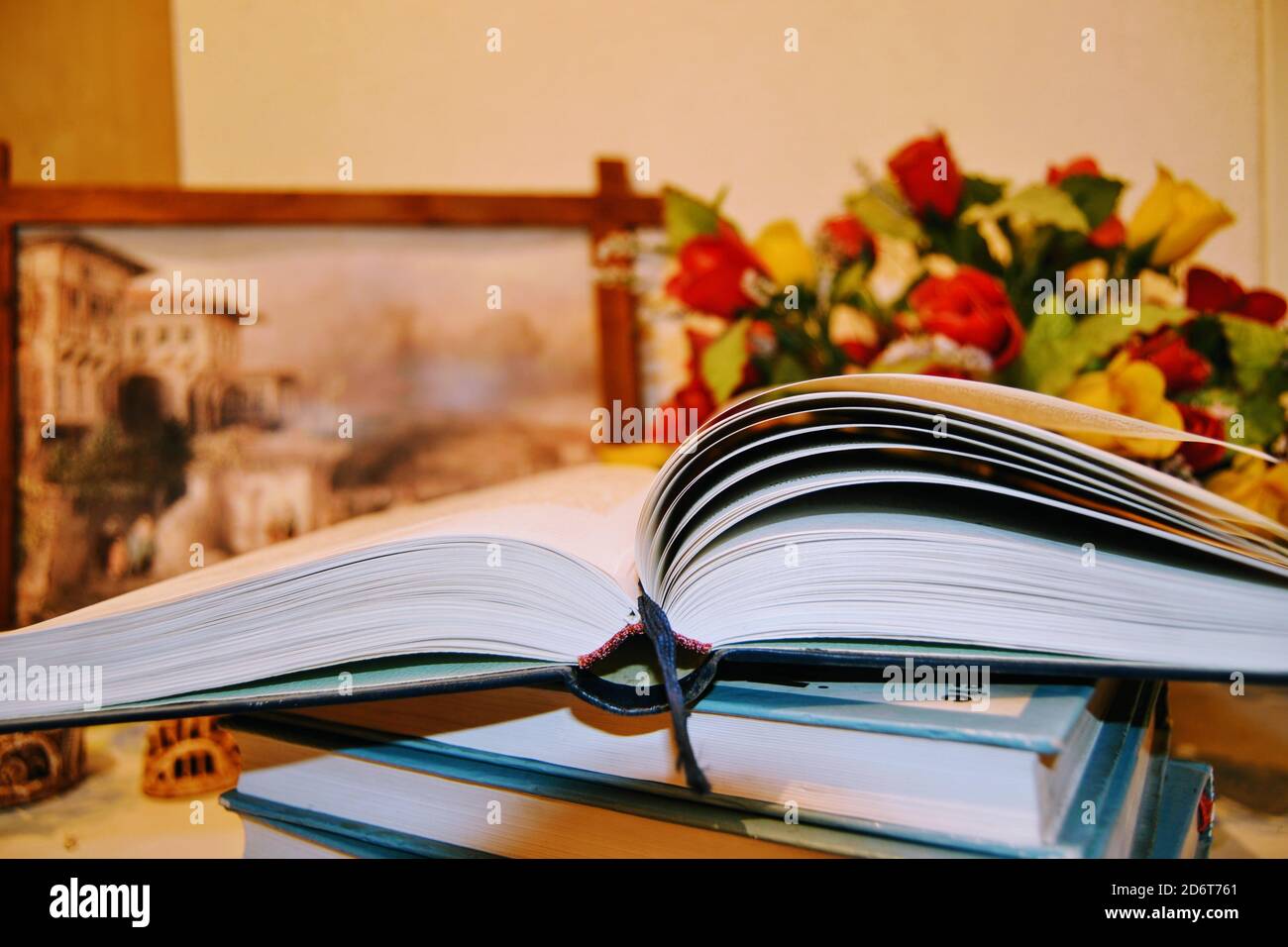 Open book on the group of encyclopedia with blurred background Stock ...