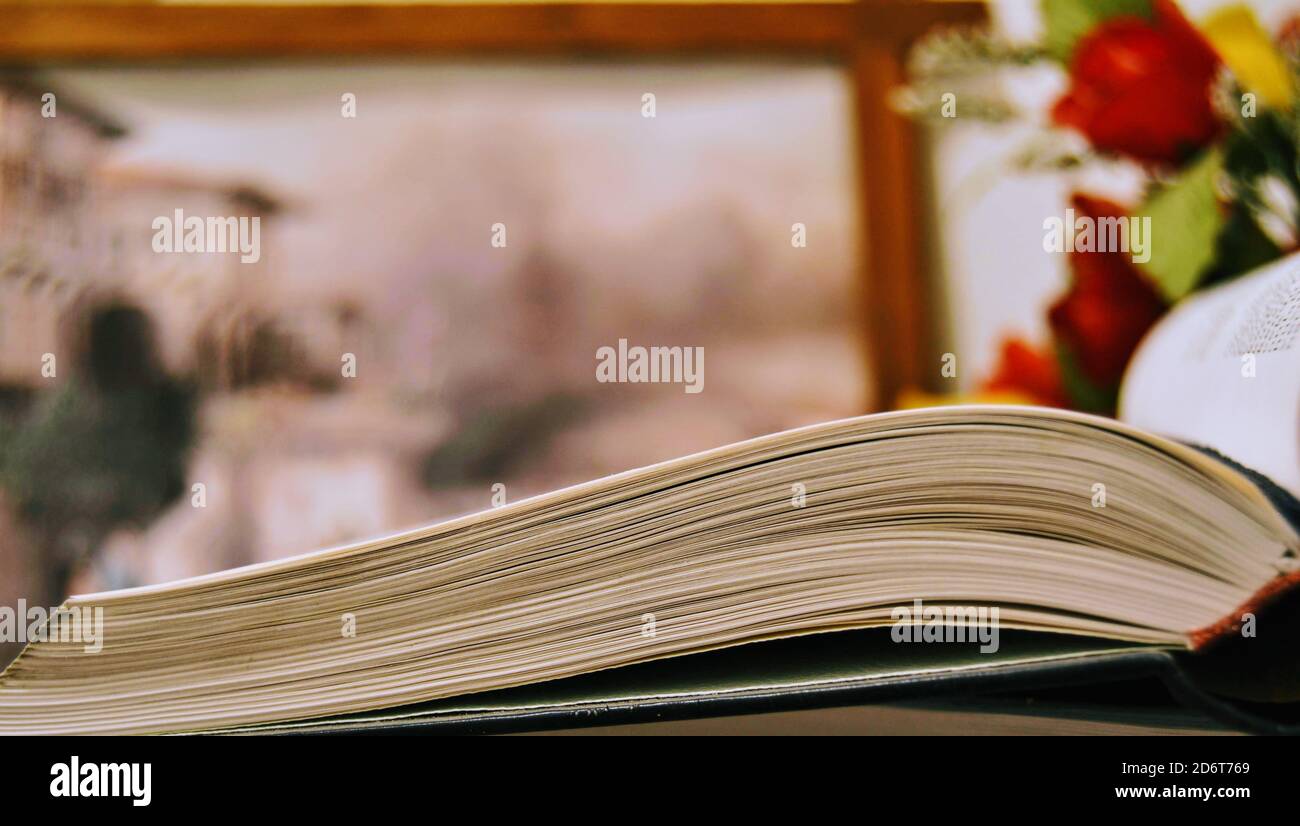 Open book on the group of encyclopedia with blurred background Stock ...