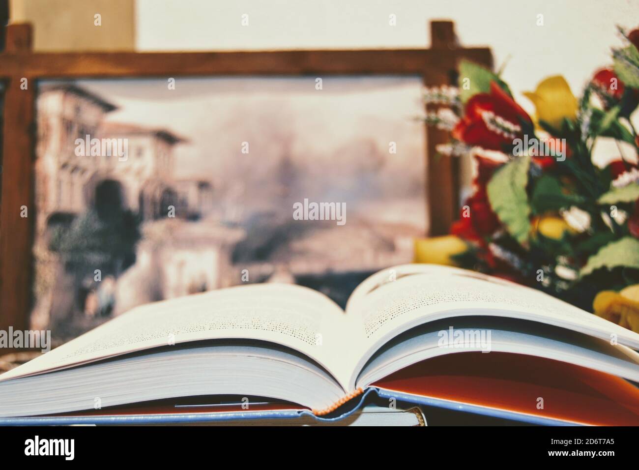 Open book on the group of encyclopedia with blurred background Stock ...