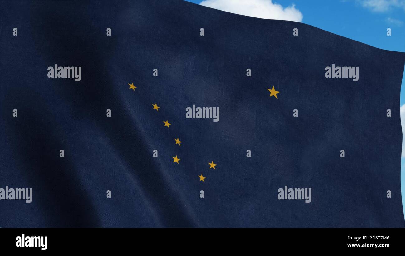 Alaska flag waving in the wind, blue sky background. 3d rendering Stock ...