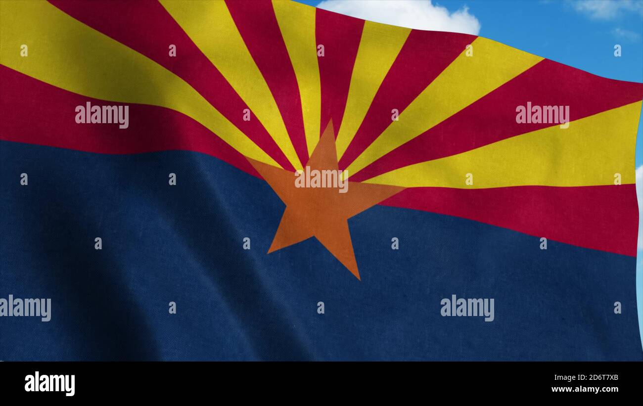 Arizona flag waving in the wind, blue sky background. 3d rendering ...