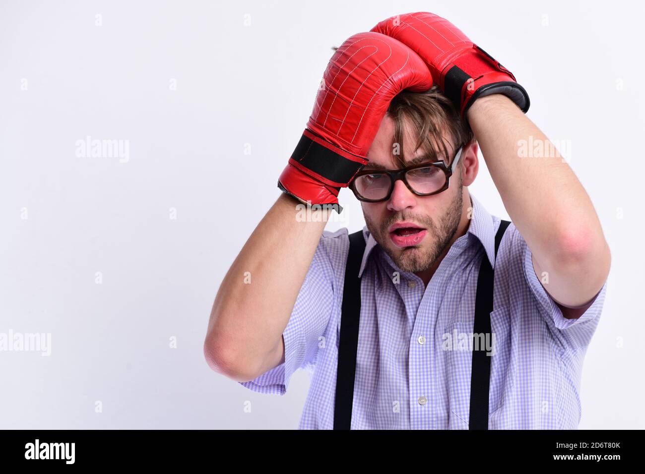 Boxing and comic conflict concept. Man with bristle and scared face ...