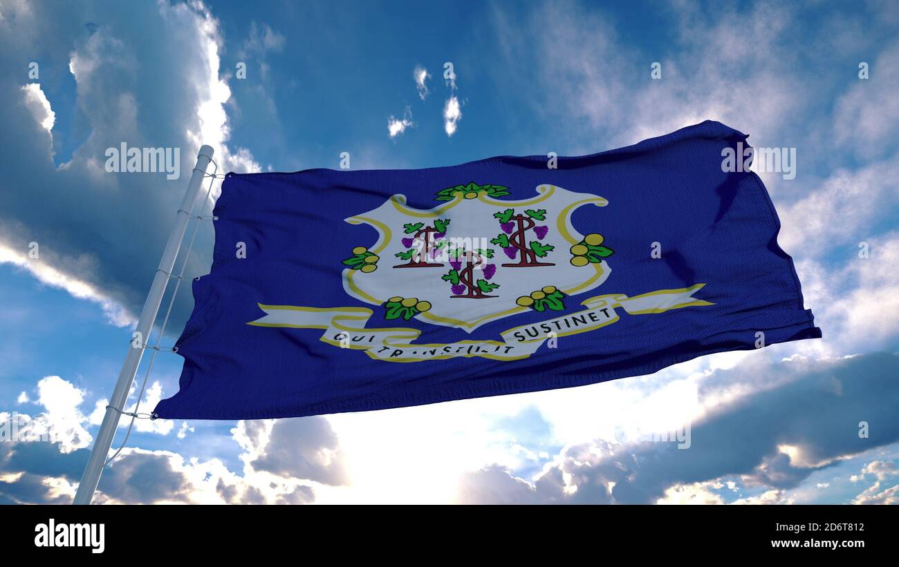 Connecticut flag on a flagpole waving in the wind in the sky. State of ...