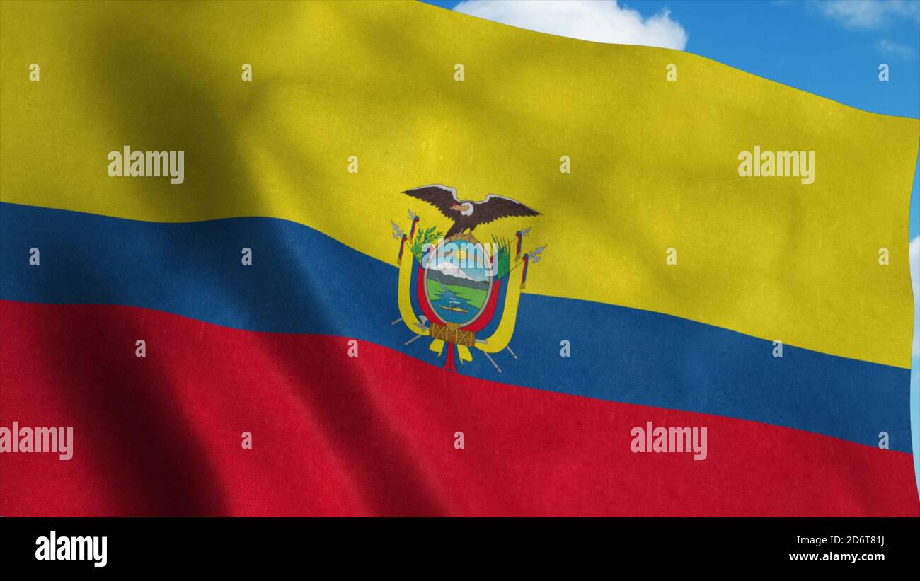 Ecuador flag waving in the wind, blue sky background. 3d rendering ...