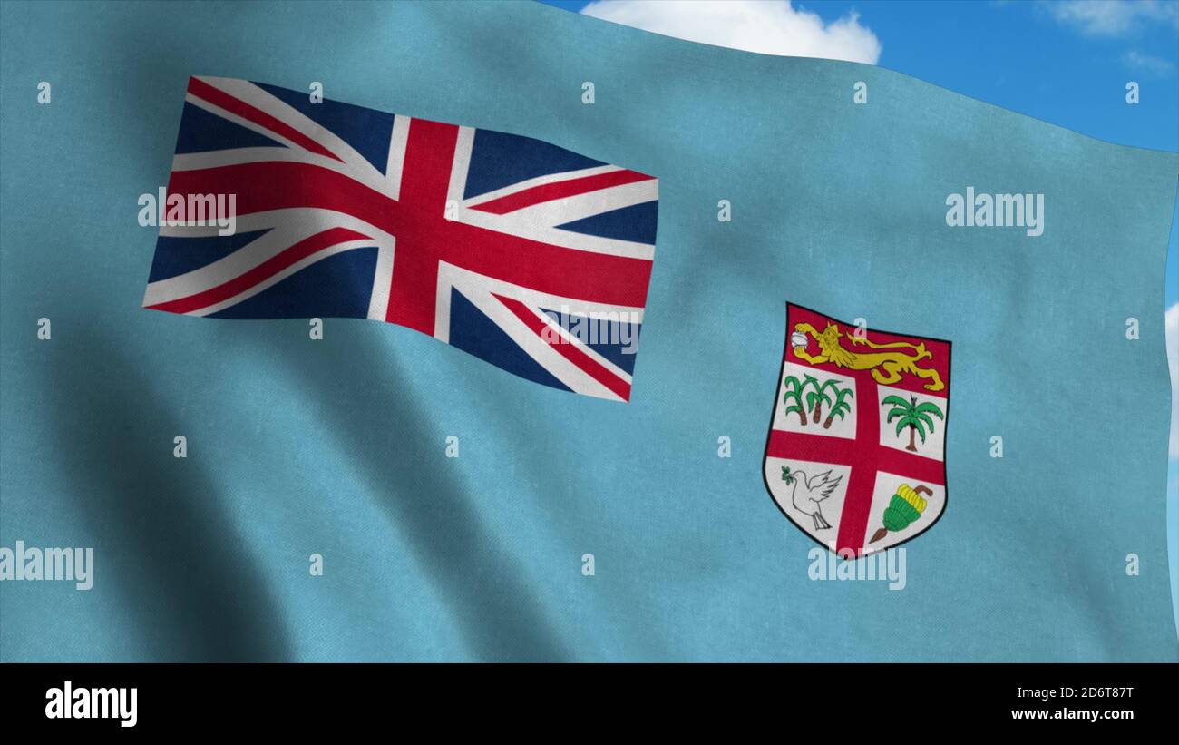 Fiji flag waving in the wind, blue sky background. 3d rendering Stock Photo - Alamy