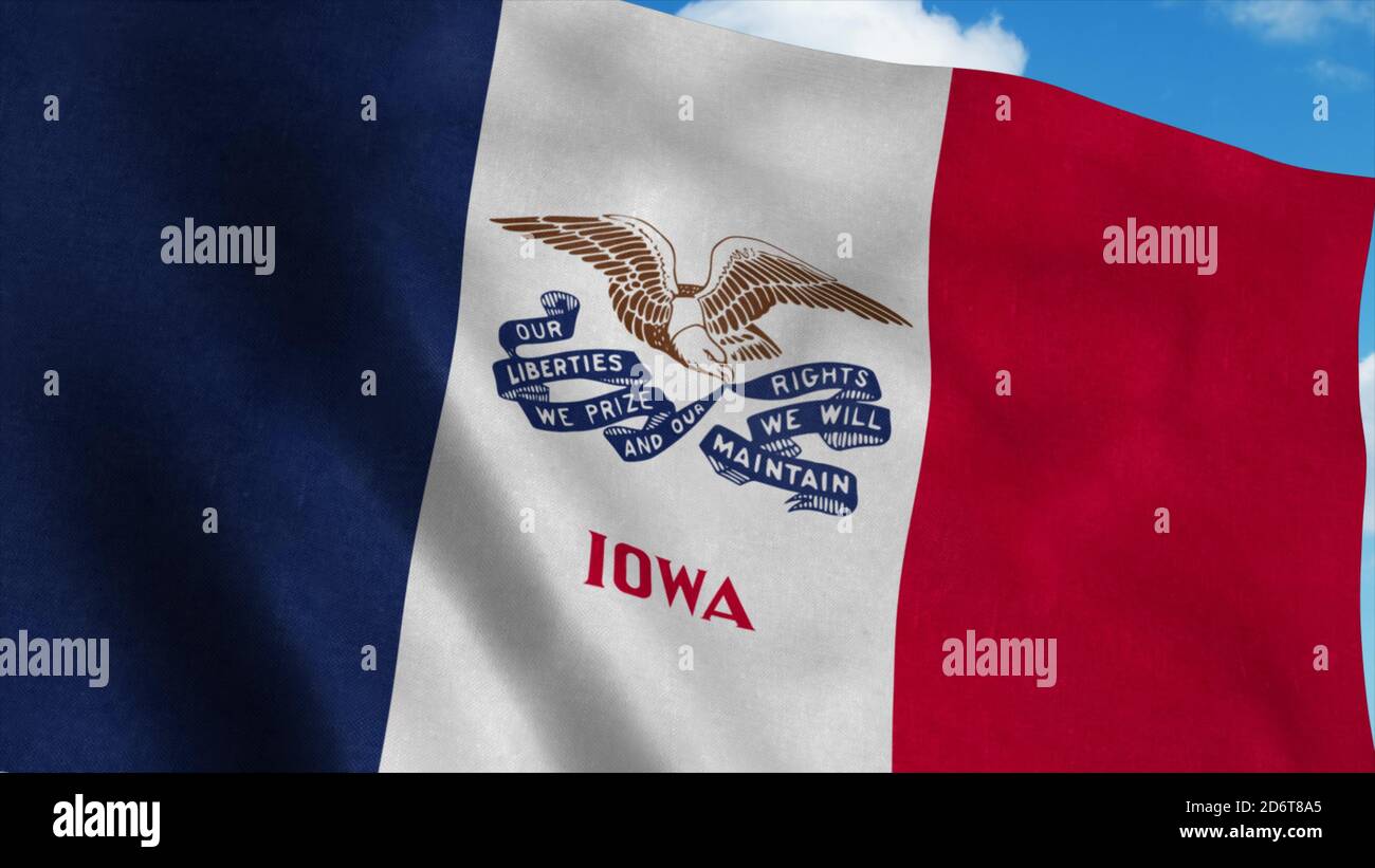 Iowa flag waving in the wind, blue sky background. 3d rendering Stock ...