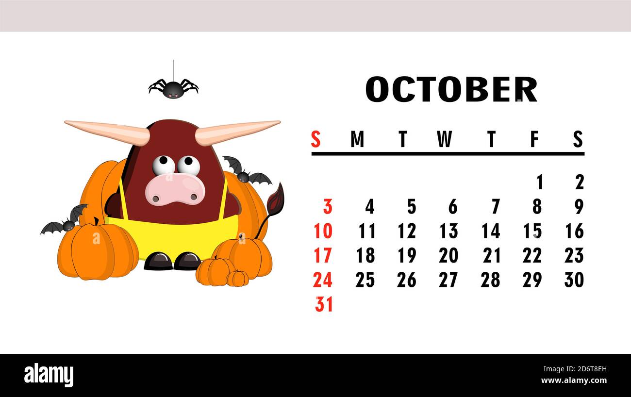 Cute children's calendar 2021. Year of the bull. Funny bull character ...