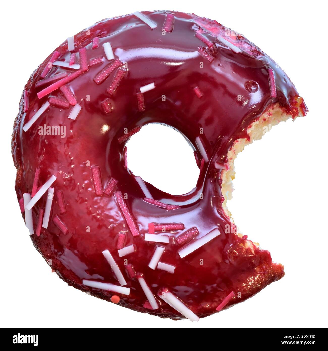 Bitten cherry donut covered with red glaze isolated on a white ...